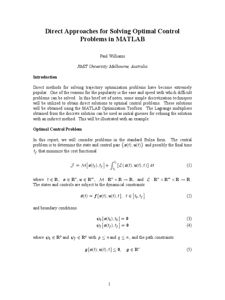 Direct and Indirect Approaches For Solving Optimal Control Problems in MATLAB | PDF | Optimal ...