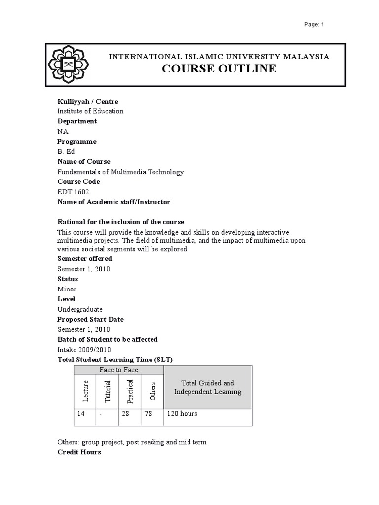 Fundamentals of Multimedia Technology: Course Outline for Undergraduate ...