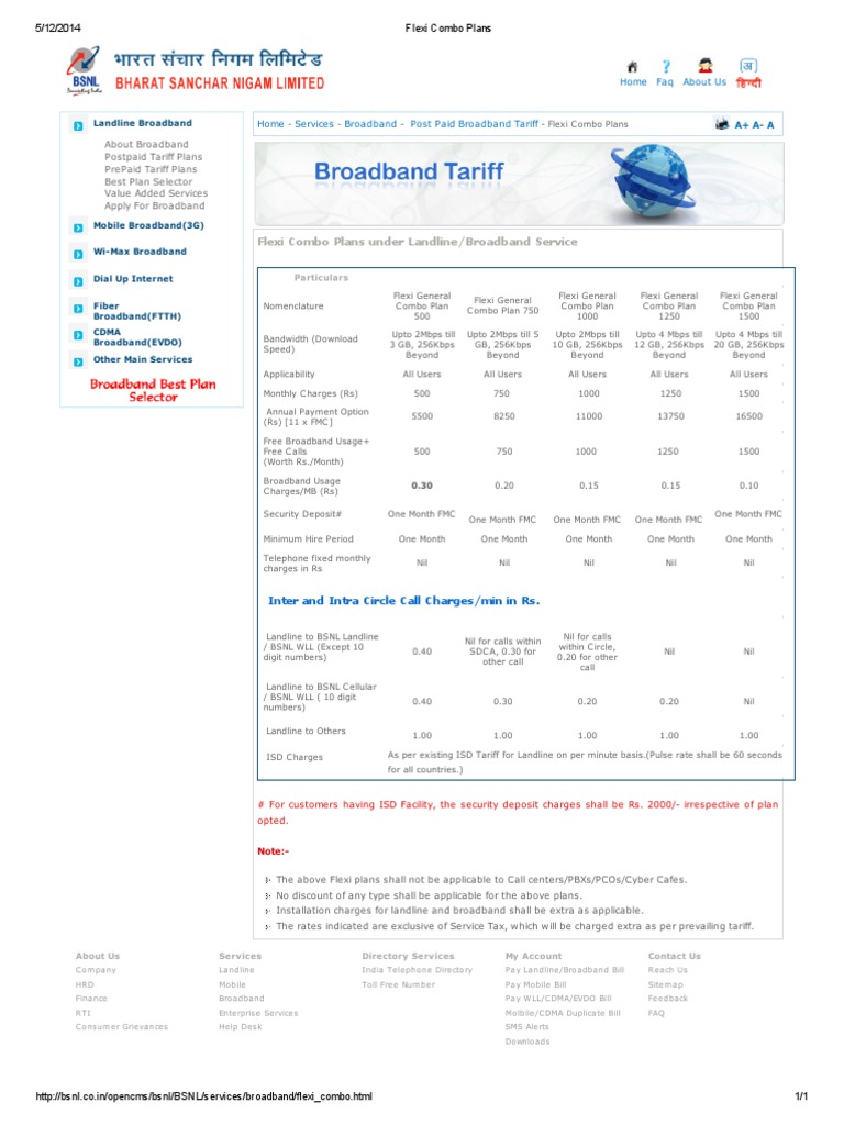 Flexi Combo Plans Under Landline/Broadband Service | PDF | Telecommunications Equipment ...
