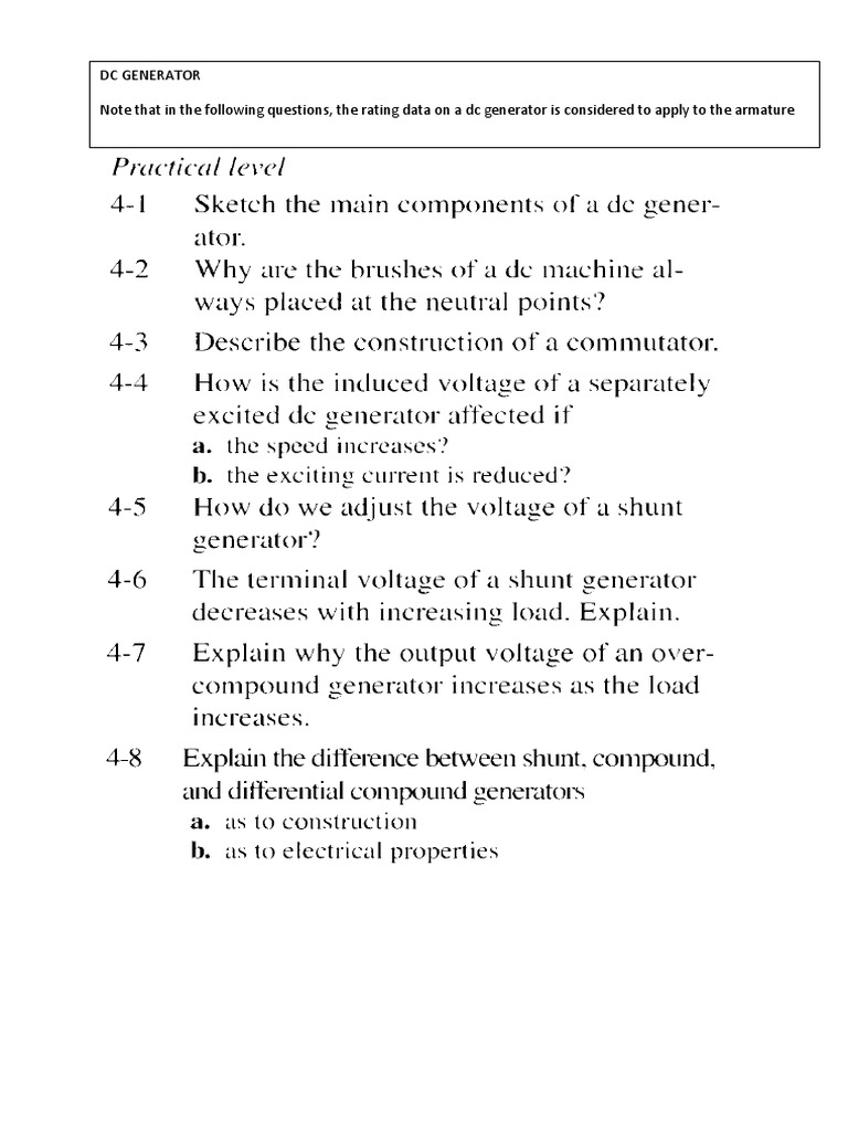 DC Generator Note That in The Following Questions, The Rating Data On A DC Generator Is ...