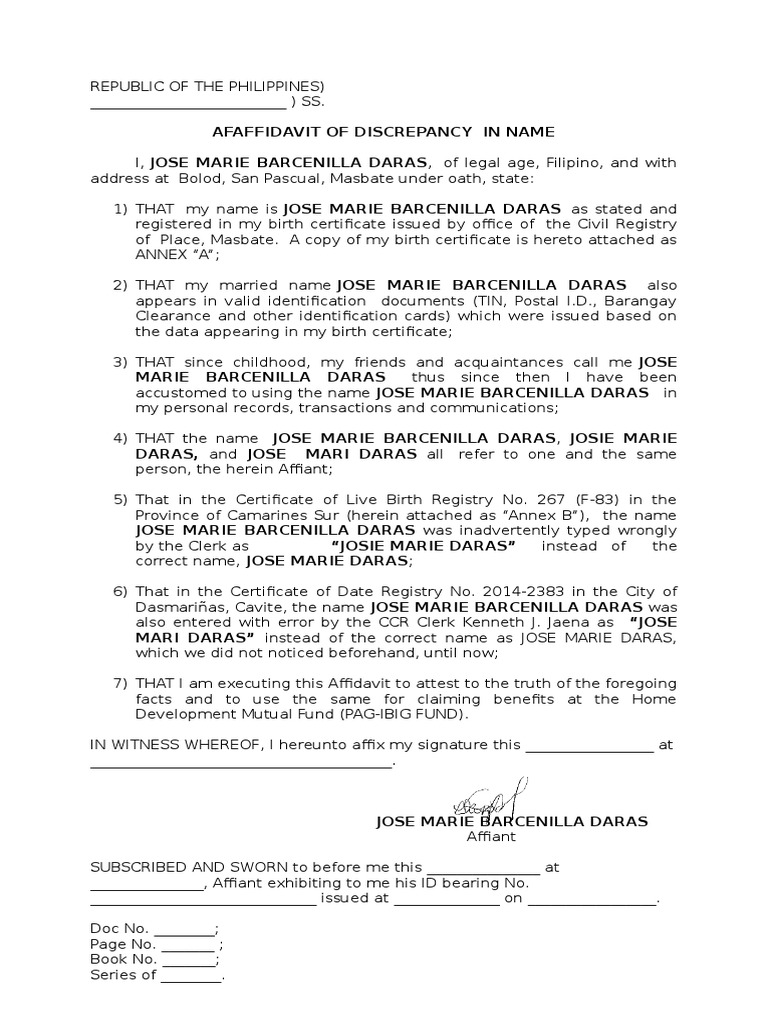 Affidavit of Discrepancy | Affidavit | Identity Document