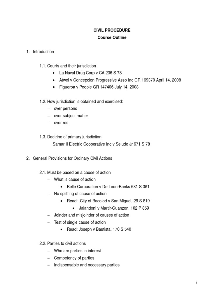 Civil Procedure Course Outline | PDF | Pleading | Discovery (Law)