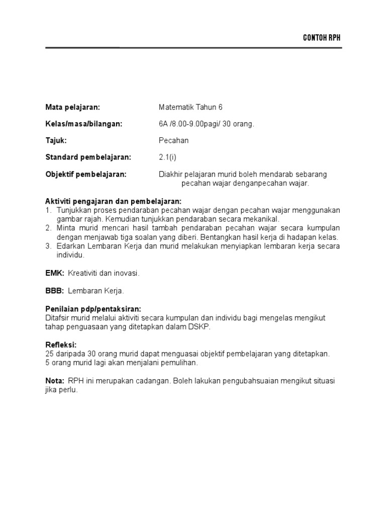 Contoh RPH Matematik Tahun 6 | PDF