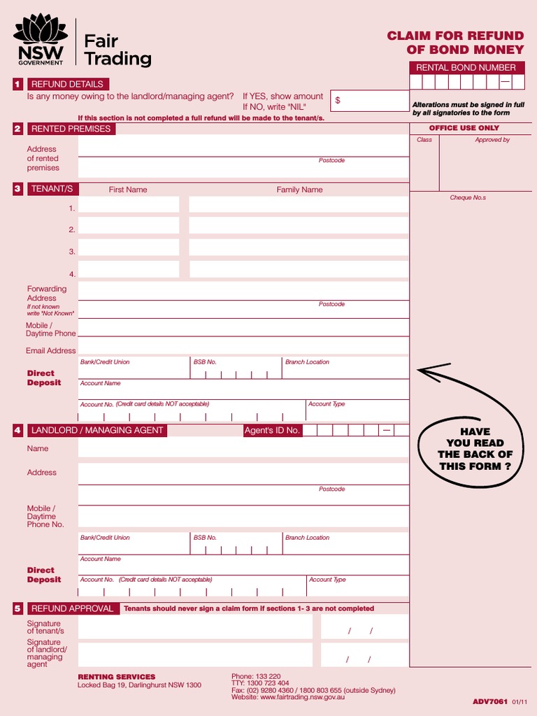 NSW Claim For Refund of Bond Monies | PDF | Landlord | Leasehold Estate