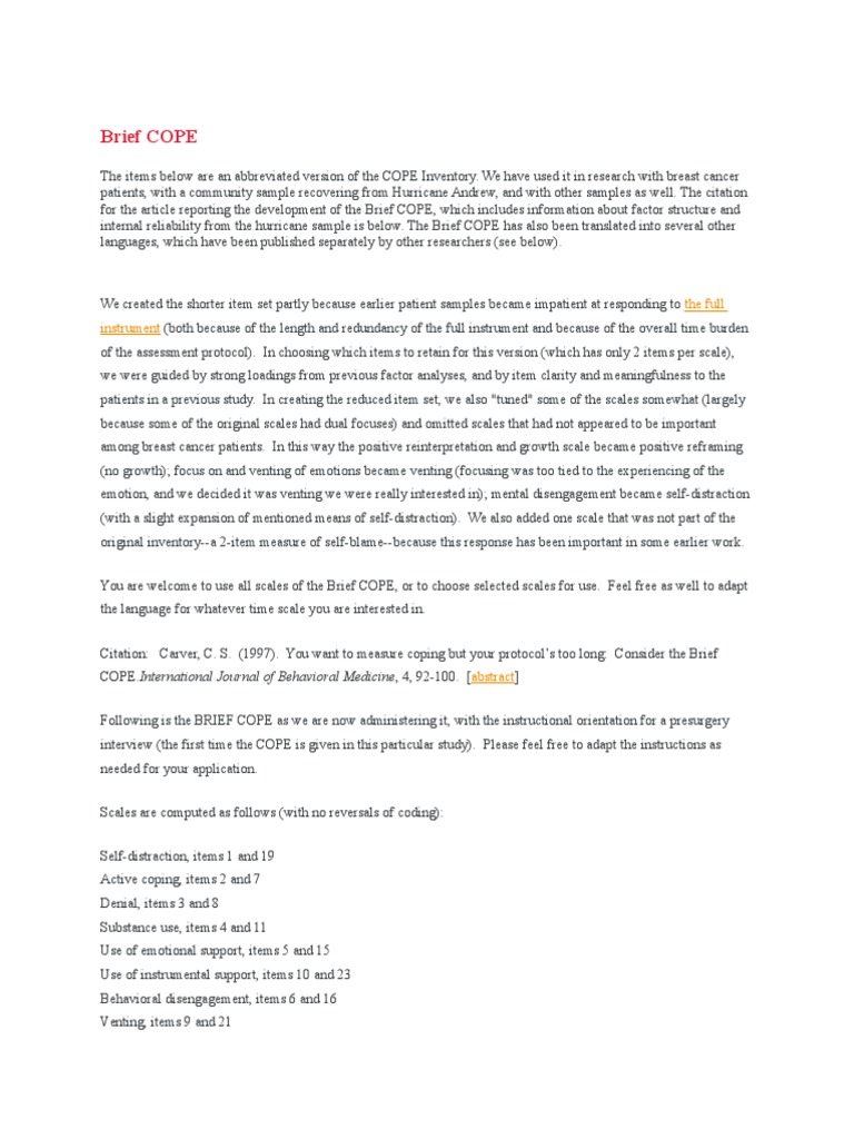 Brief Cope | PDF | Coping (Psychology) | Metaphysics Of Mind