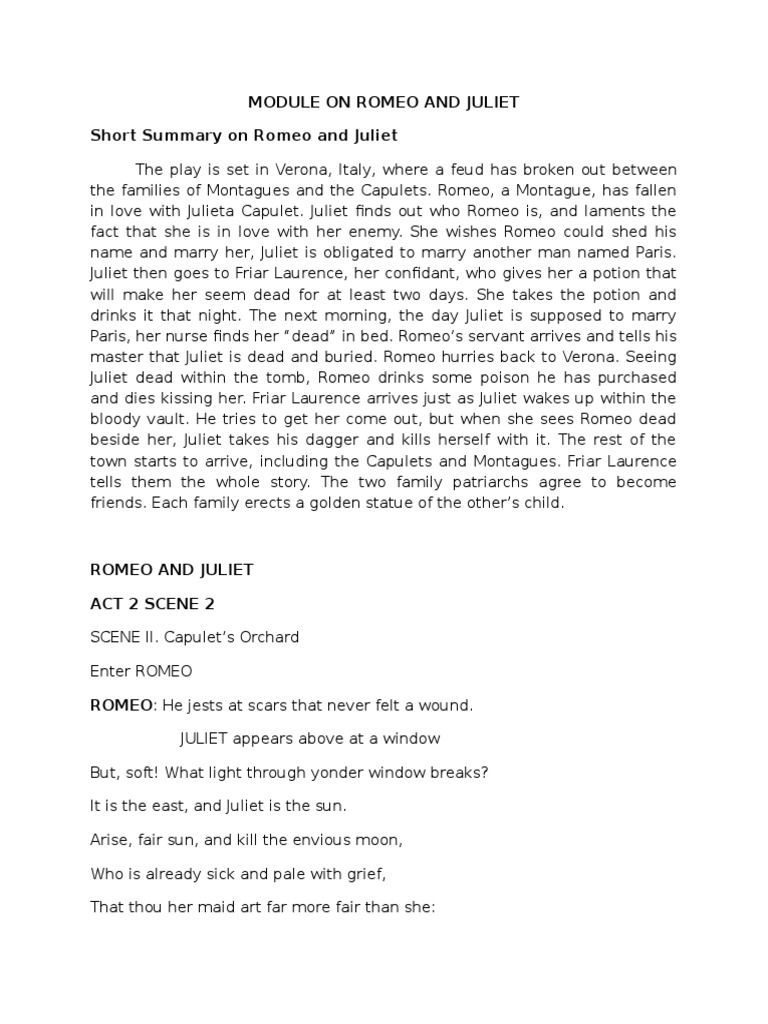 Short Summary On Romeo and Juliet | PDF | Characters In Romeo And ...