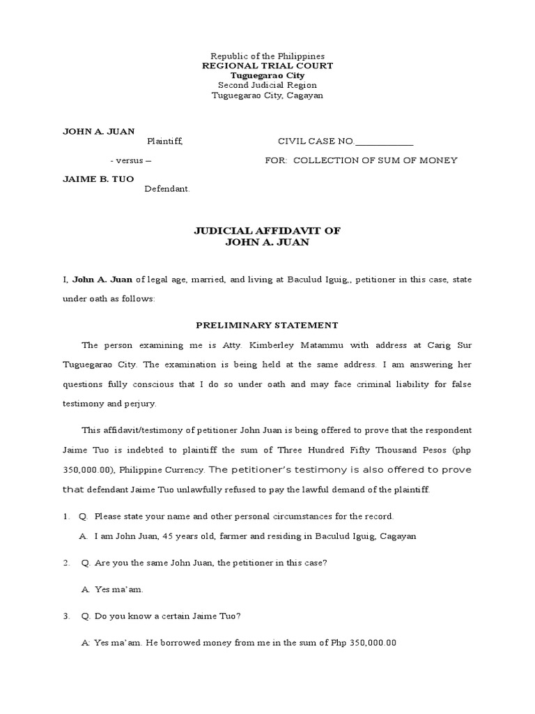 Judicial Affidavit Collection of Sum of Money | PDF | Affidavit ...
