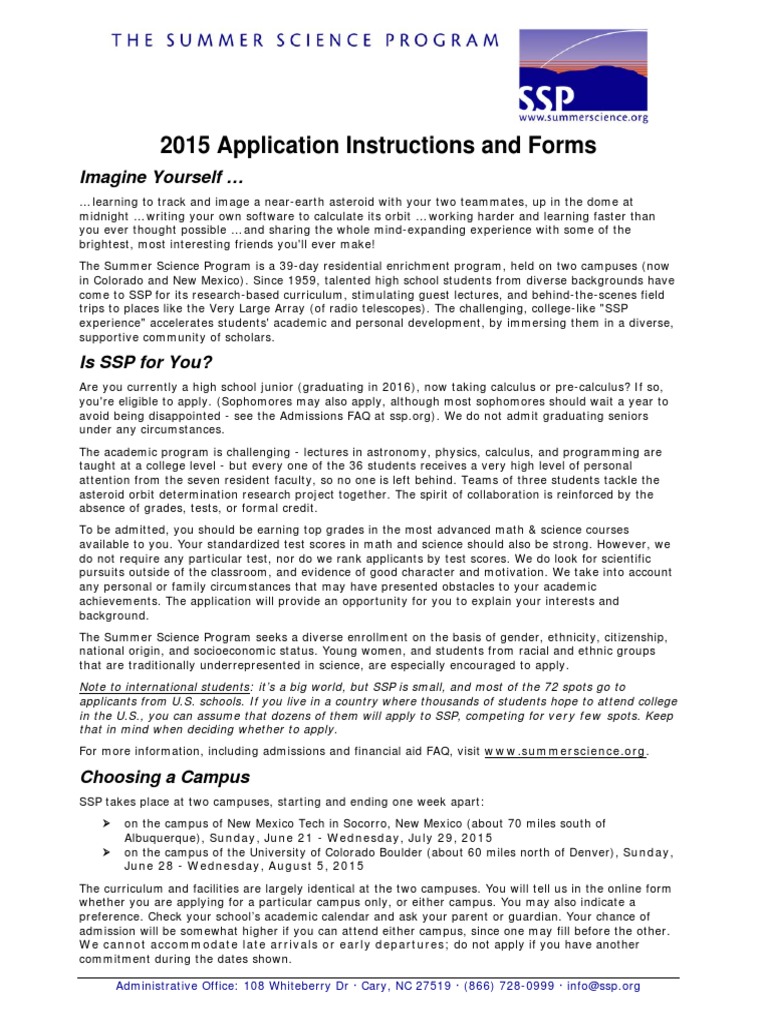 Summer Science Program Application Deadlines and Details | PDF ...