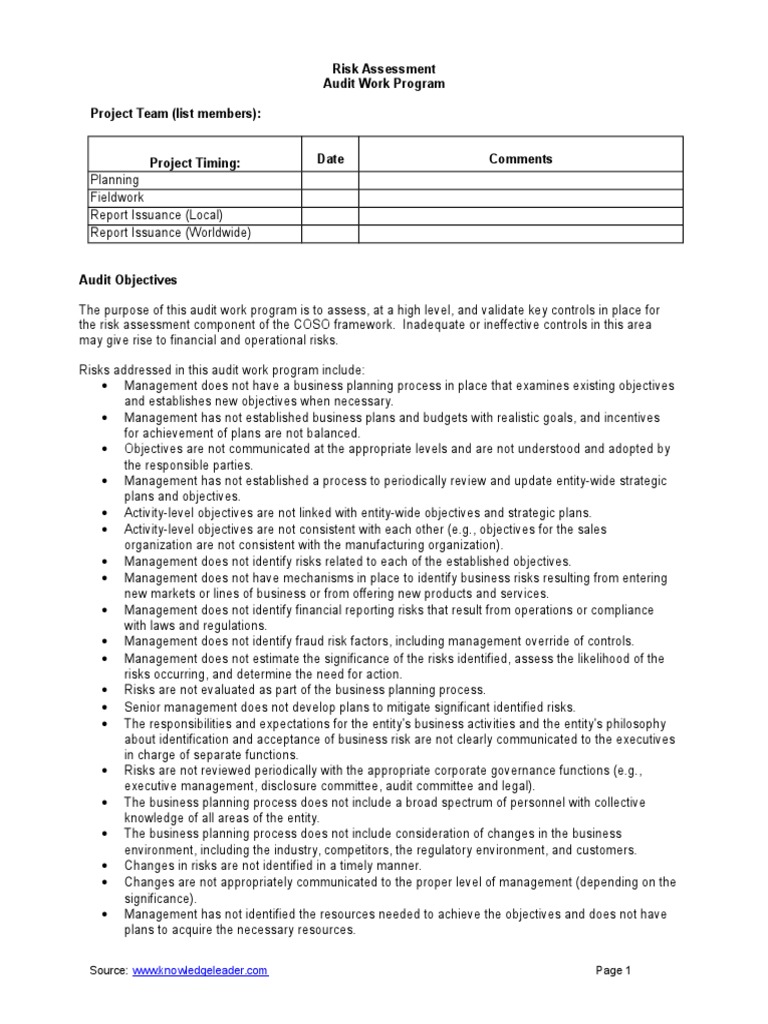 Risk Assessment Audit Work Program | PDF | Strategic Planning | Audit