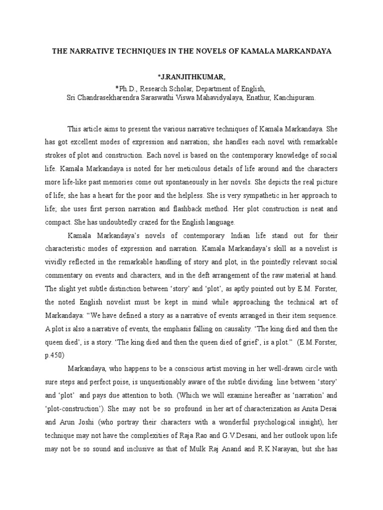 The Narrative Techniques in The Novels of Kamala Markandaya: J.Ranjithkumar | PDF | Plot ...