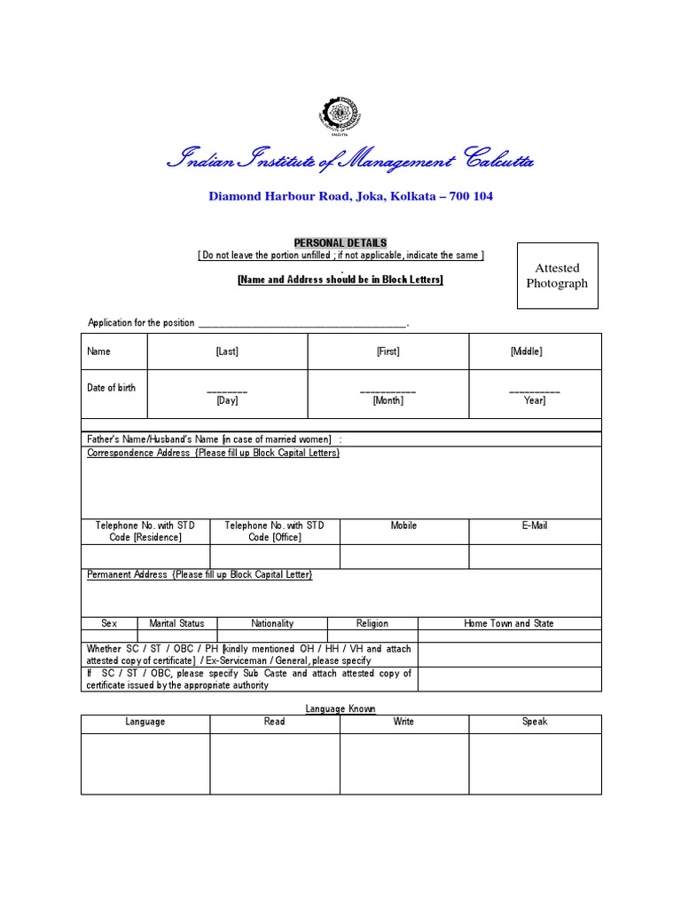 IIM Calcutta Job Application Form | PDF