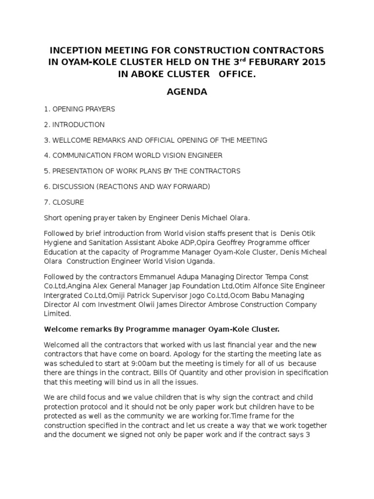 Contractors' Inception Meeting | PDF | Framing (Construction) | Door