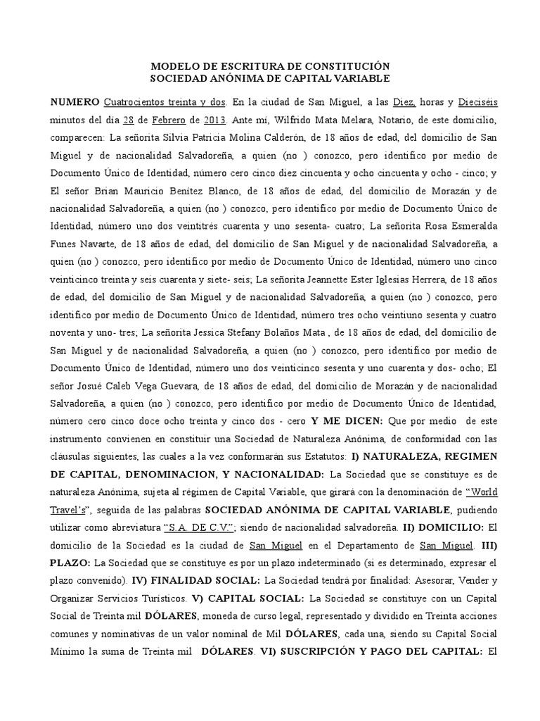Ejemplo de una Escritura de Constitucion de Empresa S.A de C.V en El Salvador | Junta Directiva ...
