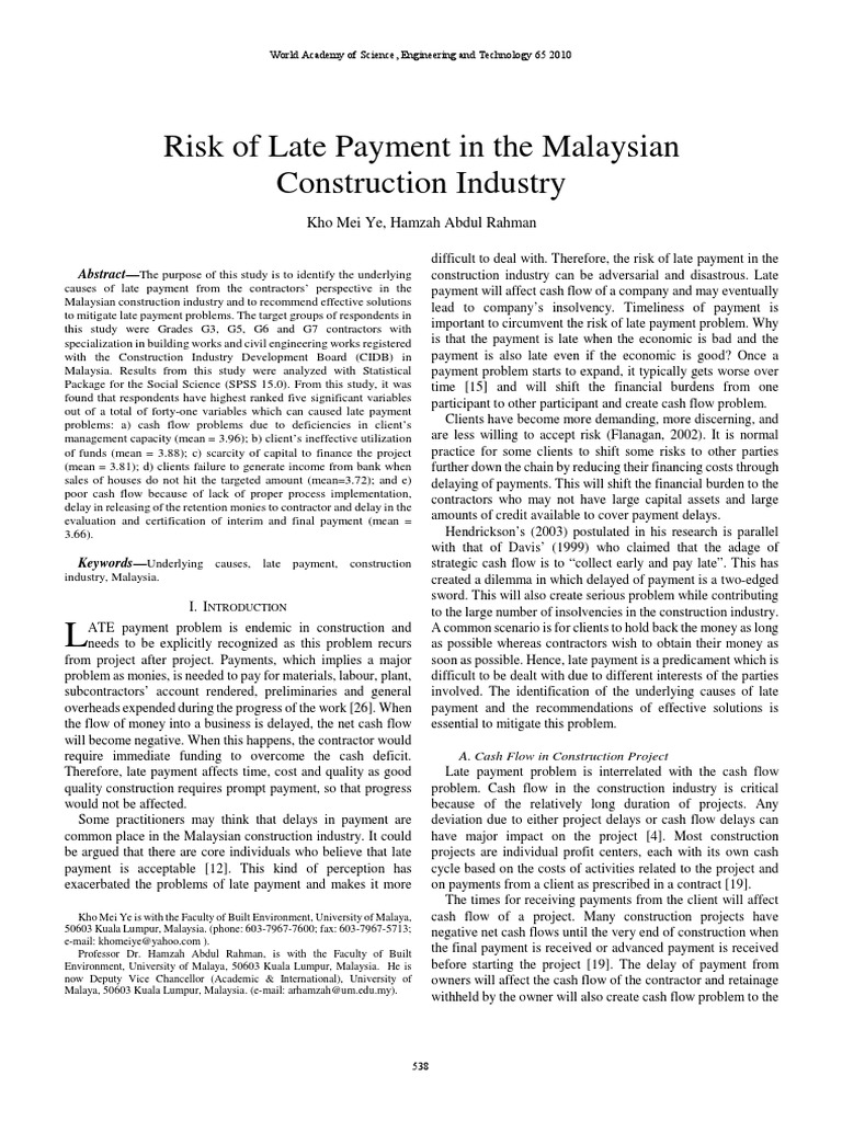 Risk of Late Payment in The Malaysian Construction Industry | PDF ...