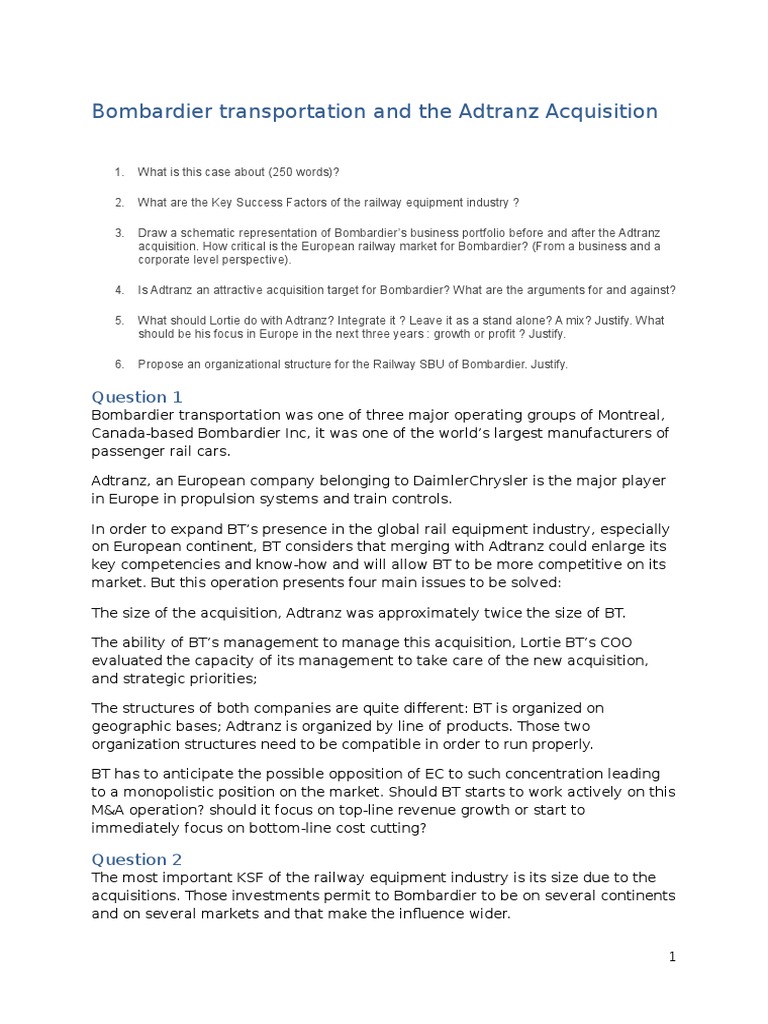 Bombardier's Strategic Adtranz Acquisition | PDF | Mergers And ...