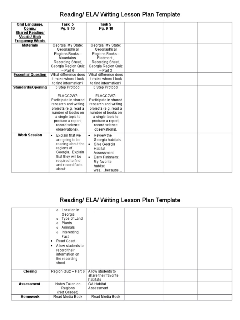 Georgia Regions ELA Lesson Plan Template | PDF