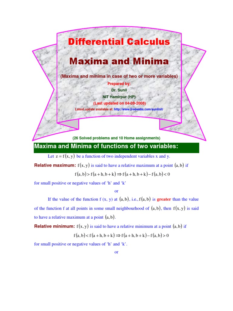 Maxima and Minima in Case of Two or More Variables | PDF | Maxima And Minima | Mathematical Analysis