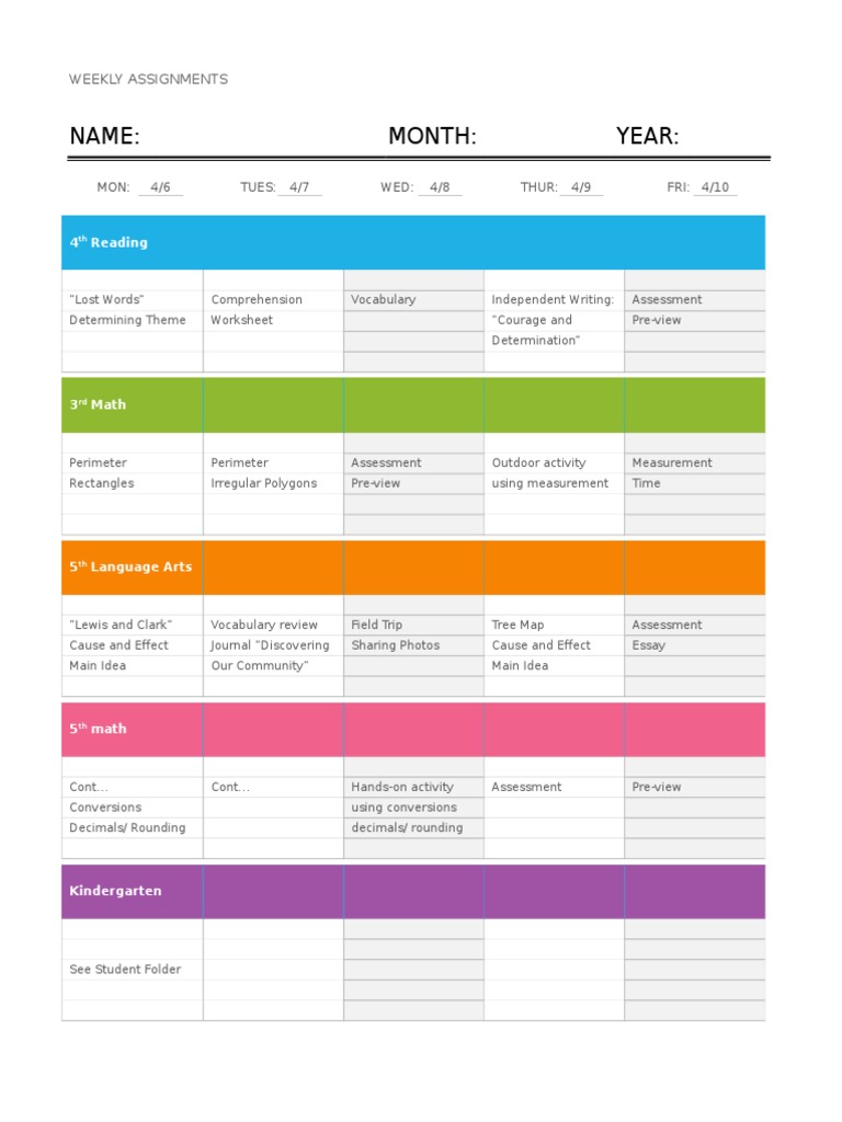 Weekly School Assignments | PDF