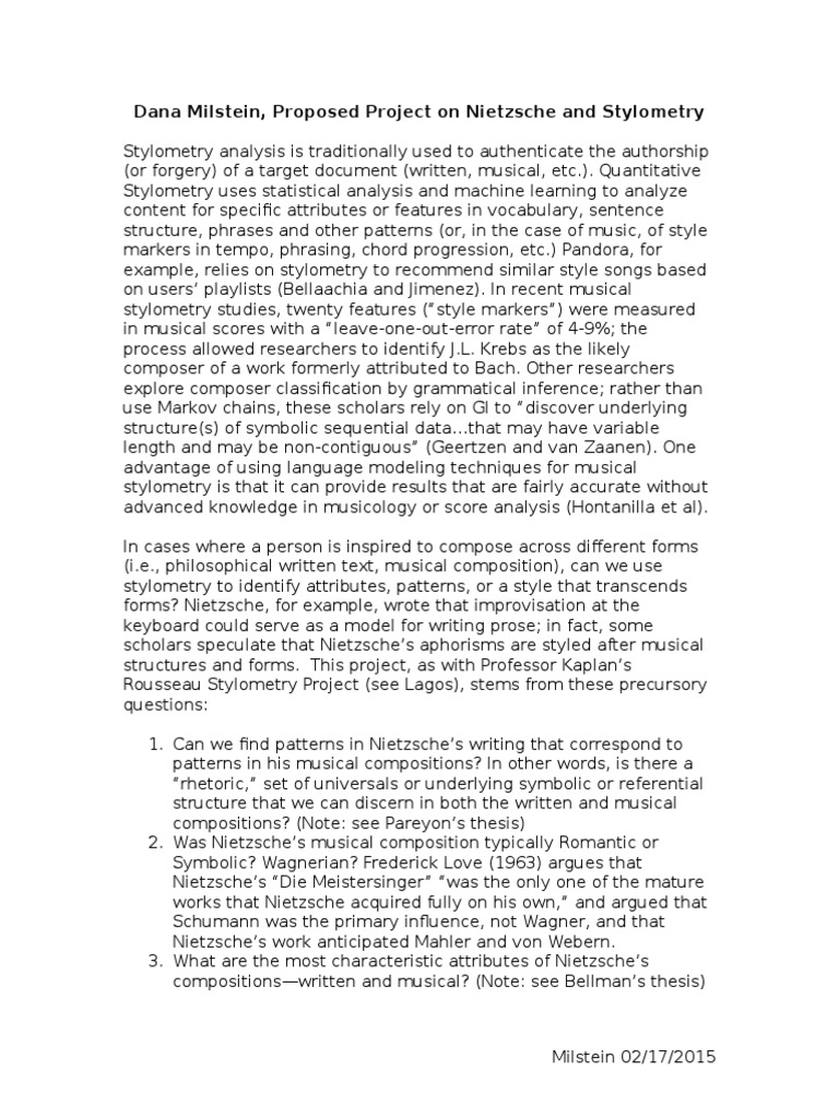 Dana Milstein, Proposed Project On Nietzsche and Stylometry | PDF ...
