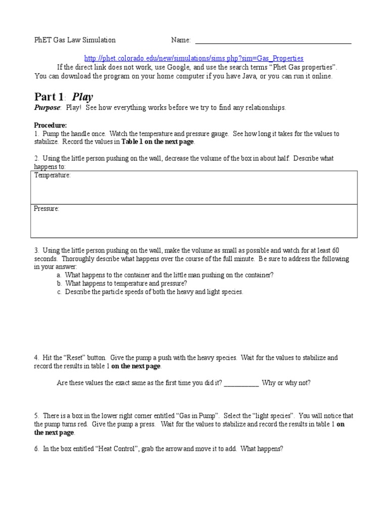 PhET Gas Laws Simulation Guide | PDF | Gases | Temperature
