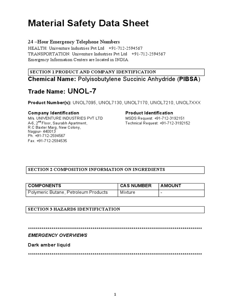 MSDS - UNOL7 | Flammability | Personal Protective Equipment
