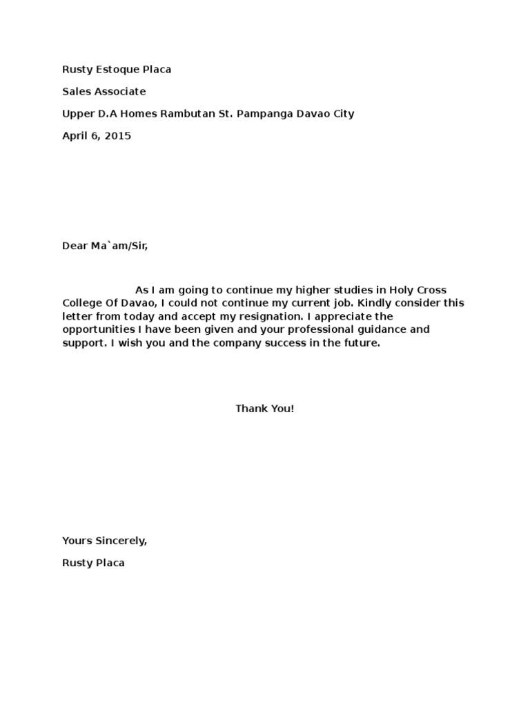 Resignation Letter Sample Sales Associate