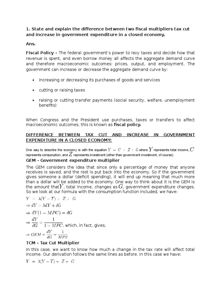 Fiscal Multipliers: Spending vs. Tax Cuts | PDF