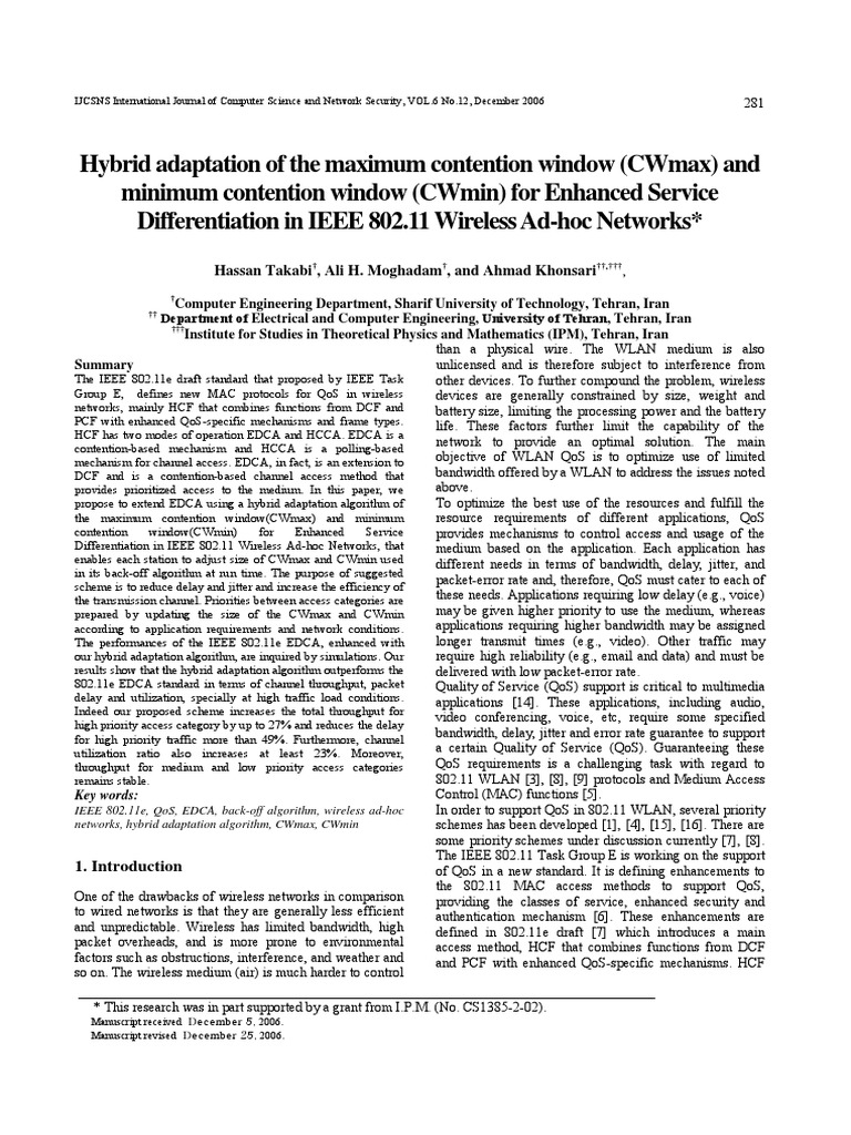2006 Hybrid Adaptation of The Maximum Contention Window (CWmax) and Minimum Contention Window ...