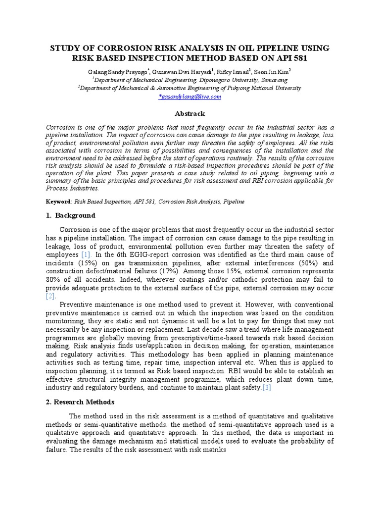 Study of Corrosion Risk Analysis in Oil Pipeline Using Risk Based Inspection Method Based On API ...