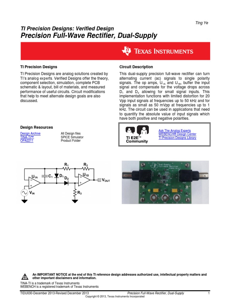 Precision Full-Wave Rectifier, Dual-Supply: TI Precision Designs ...
