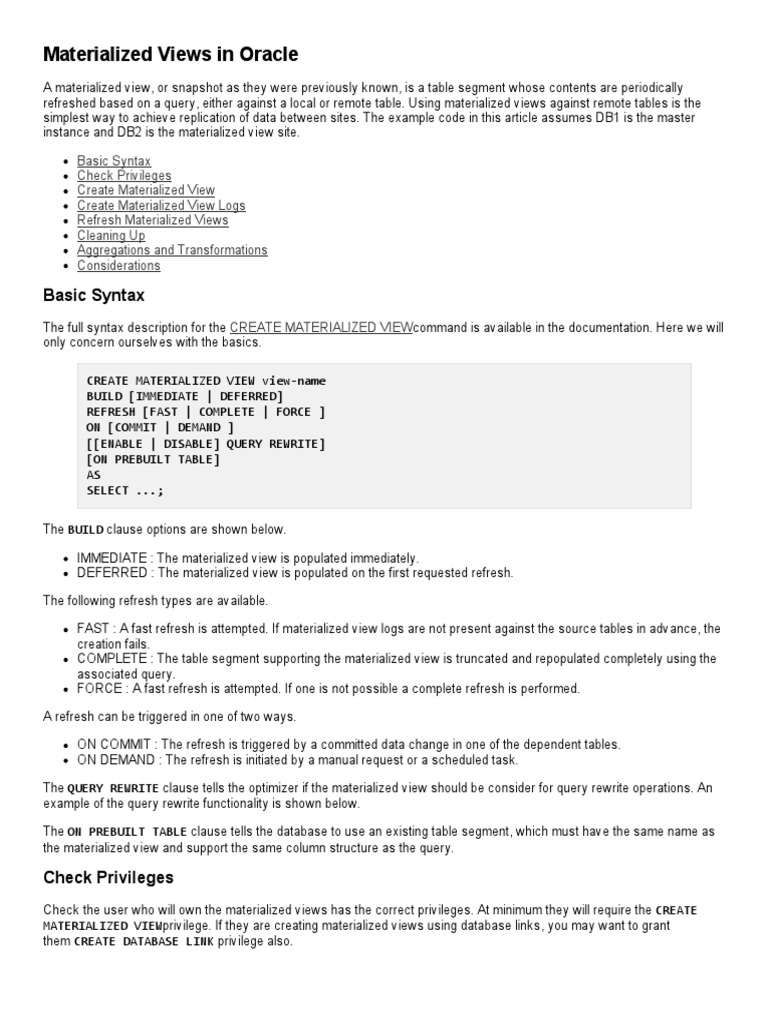 ORACLE-BASE - Materialized Views in Oracle | PDF | Databases | Information Technology
