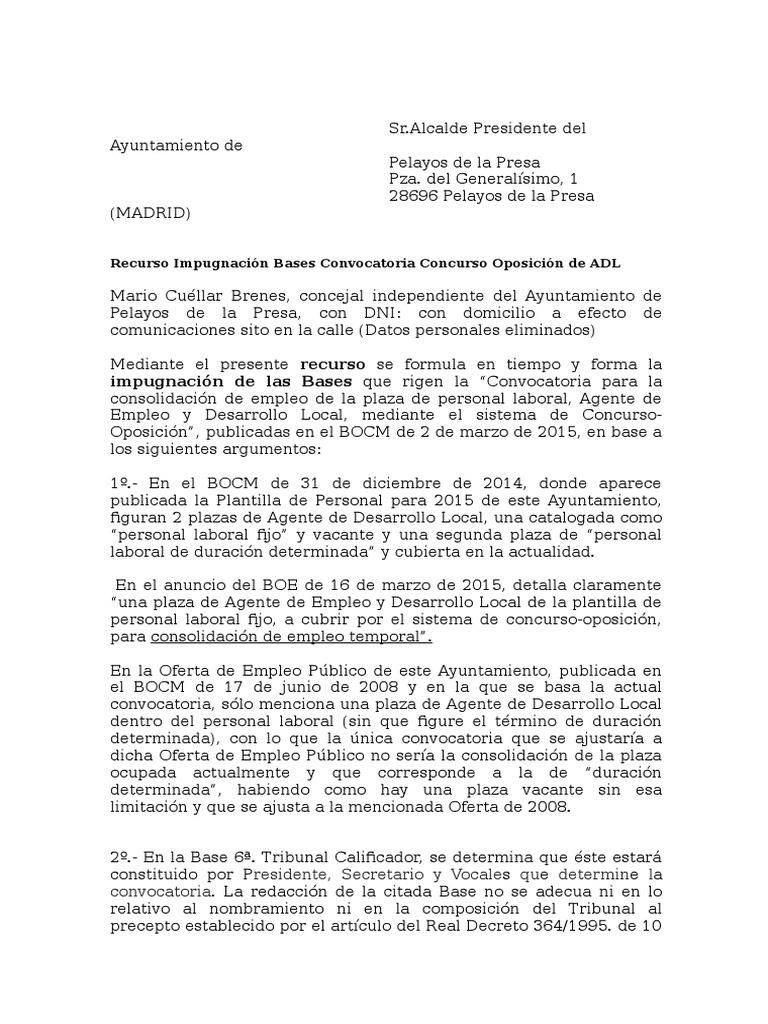 Impugnación de Las Bases de La Convocatoria Del Concurso Oposición de ... Impugnación de Las Bases de La Convocatoria Del Concurso Oposición de ...