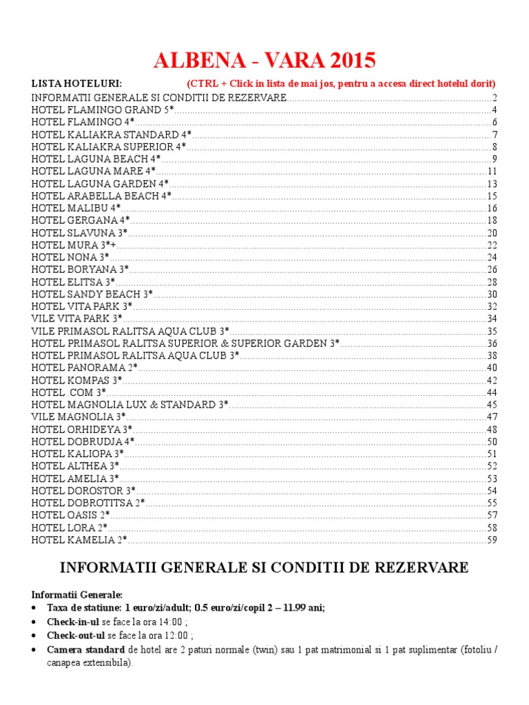 Albena - Vara 2015: Informatii Generale Si Conditii de Rezervare | PDF