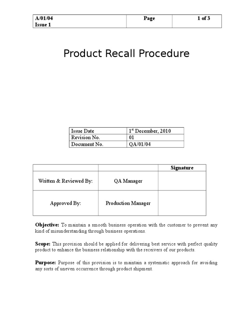 Product Recall Procedure | Internal Audit | Audit