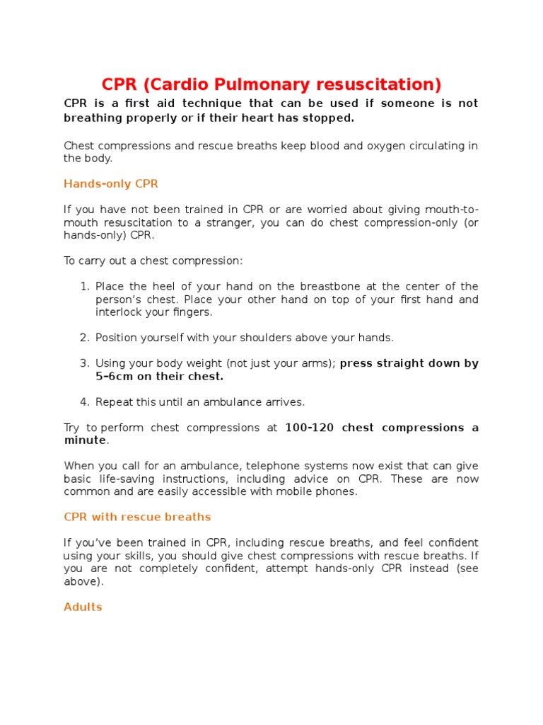 CPR (Cardio Pulmonary Resuscitation) | PDF | Cardiopulmonary ...