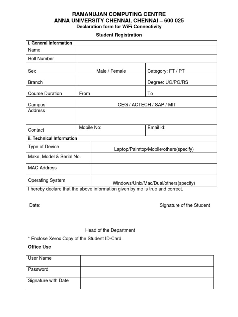 WiFi Registration Form for Students | PDF