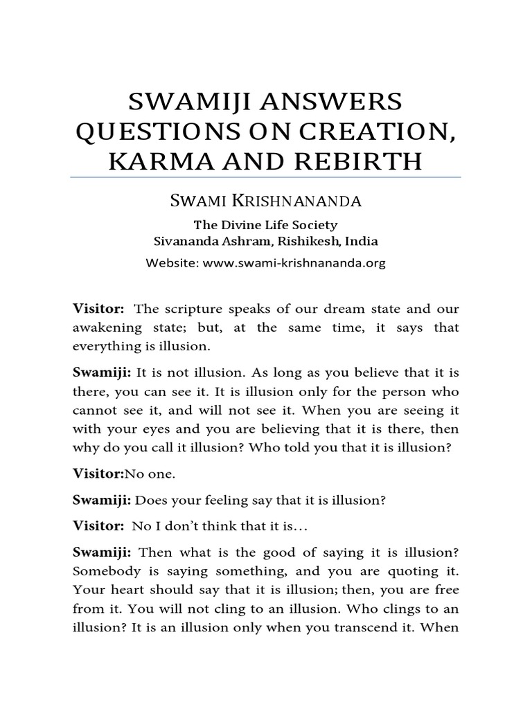 Swamiji Answers Questions On Creation, Karma and Rebirth: Wami ...