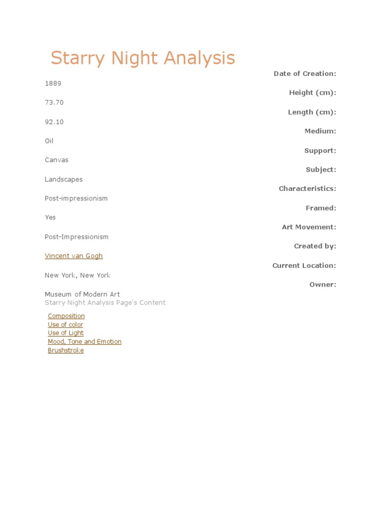 Starry Night Analysis | PDF | Vincent Van Gogh | Composition (Visual Arts)