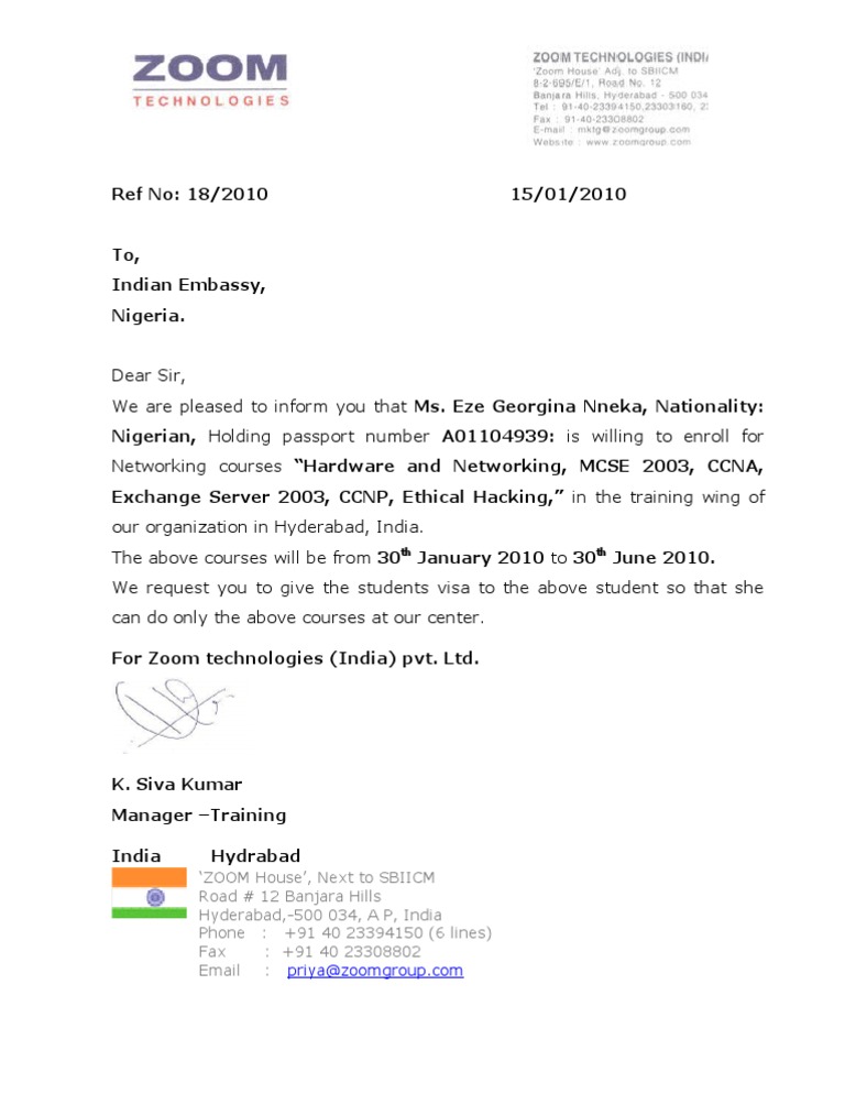 Invitation Letter From Zoom Technologies Hyderabad India - Eze Georgina ...