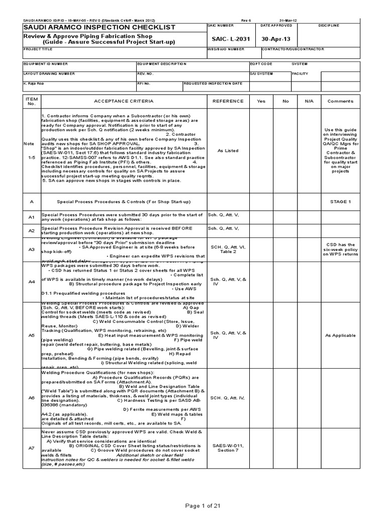 Saudi Aramco Inspection Checklist | PDF | Welding | Construction