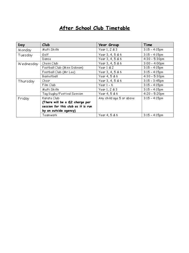 After School Club Timetable: Day Club Year Group Time | PDF | Career ...
