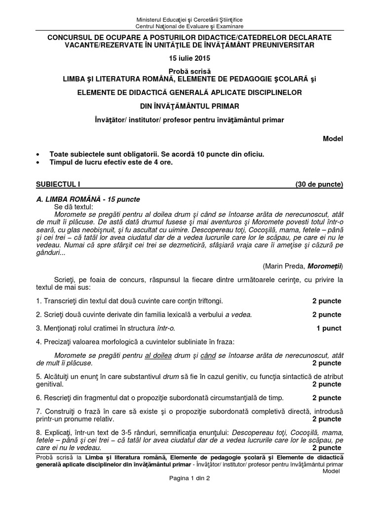 Model Subiect Titularizare Invatatori 2015 | PDF