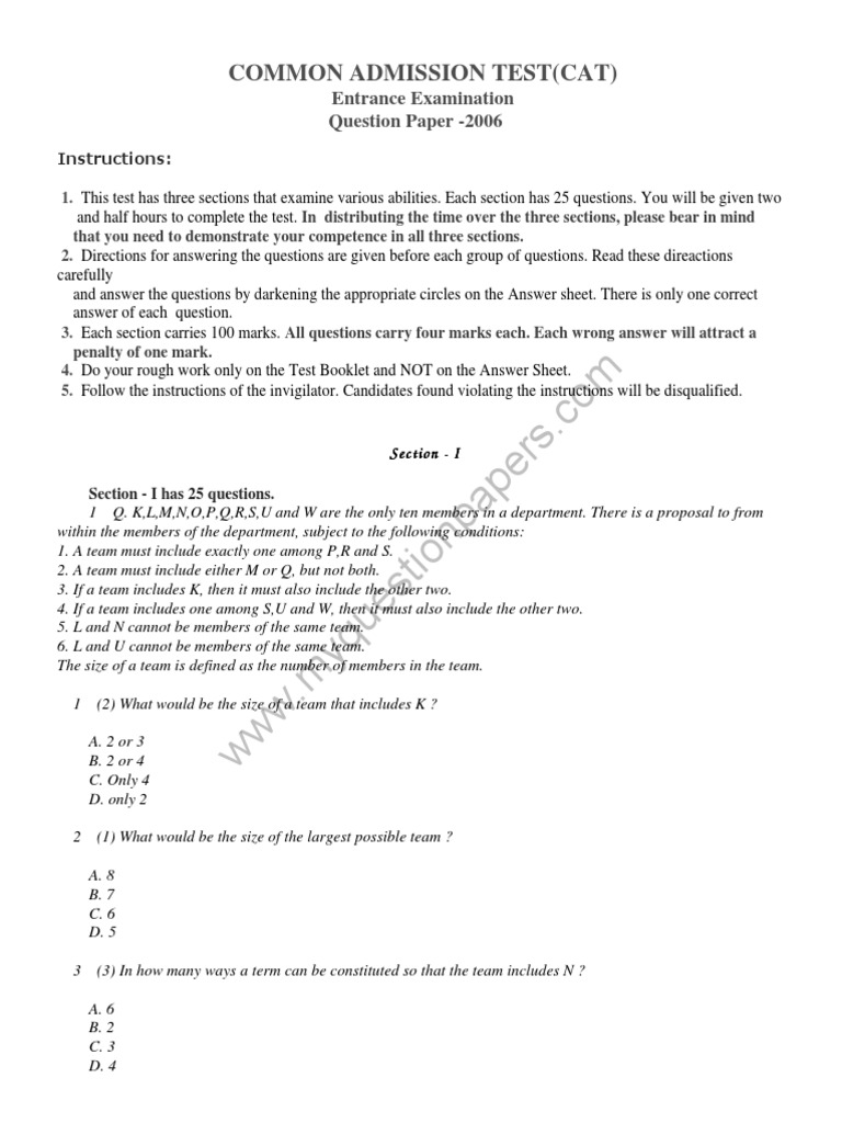 Common Admission Test (Cat) : Entrance Examination Question Paper ...