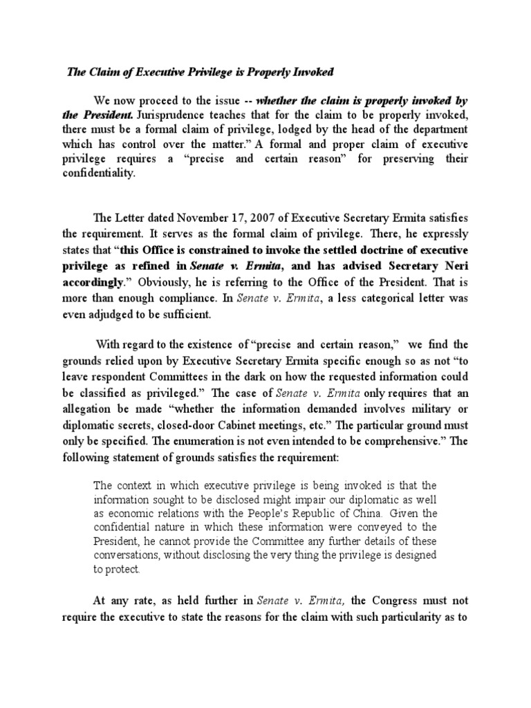 The Claim of Executive Privilege Is Properly Invoked | PDF | Executive ...