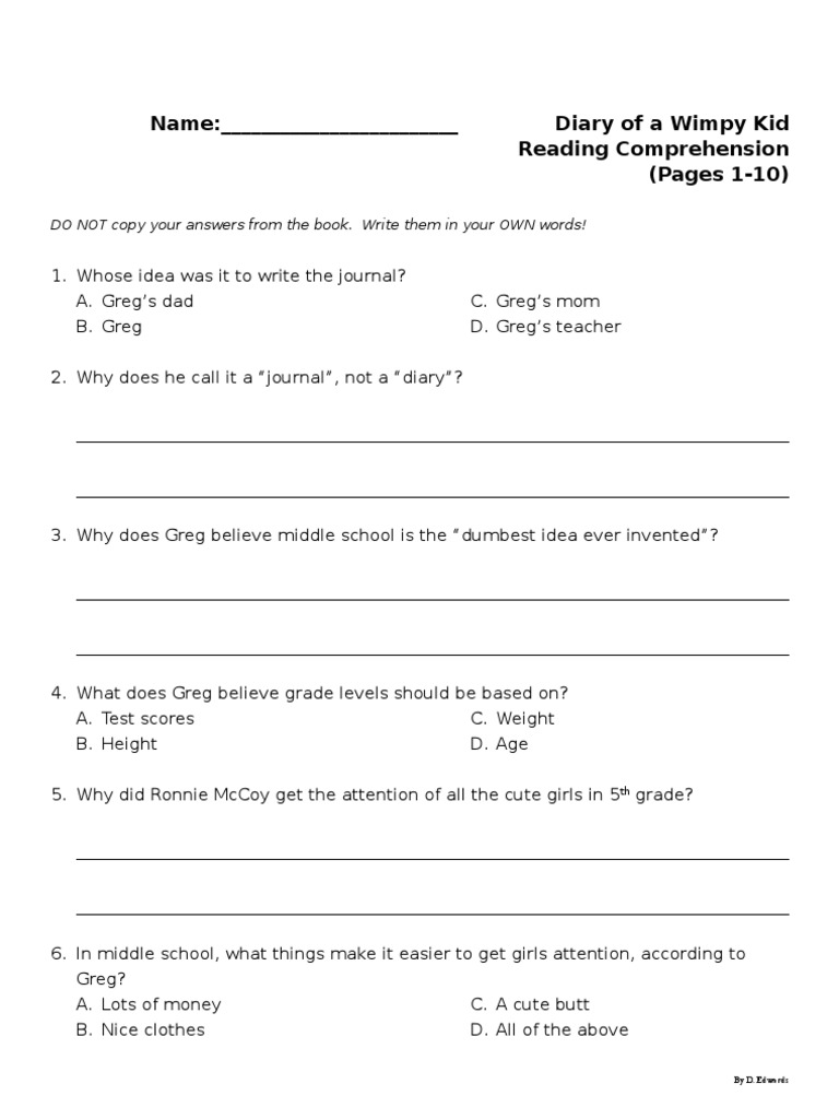 Diary of a Wimpy Kid Comprehension Quiz | PDF | Learning | Books