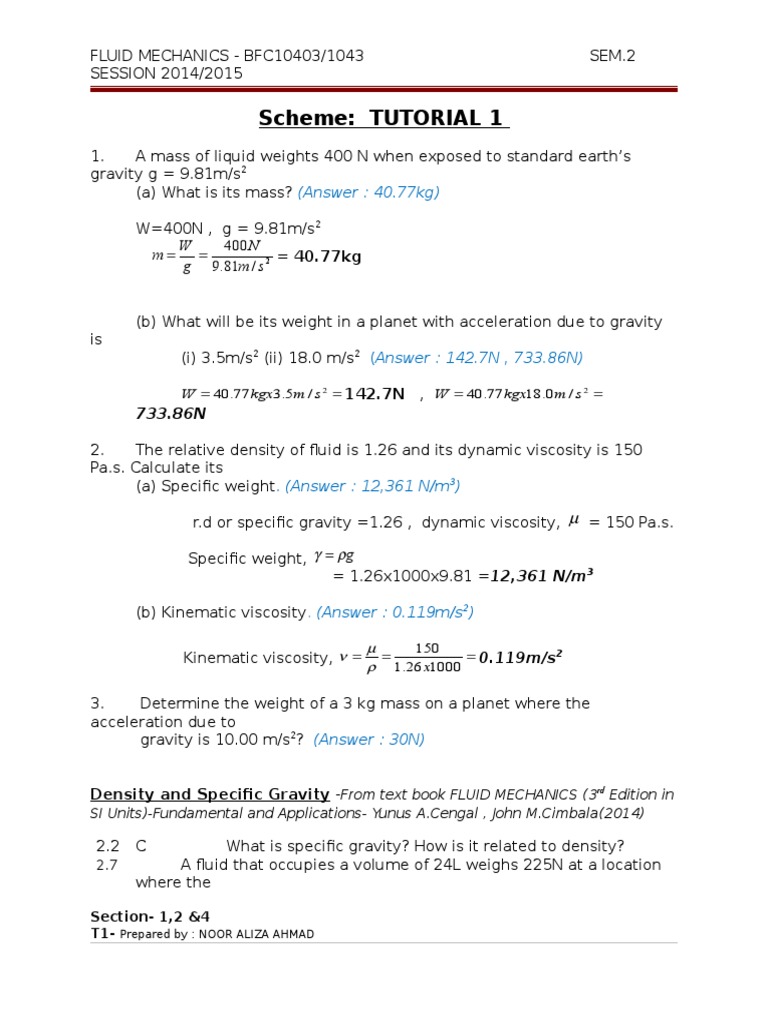 Scheme: TUTORIAL 1: (Answer: 40.77kg) | Download Free PDF | Surface Tension | Viscosity