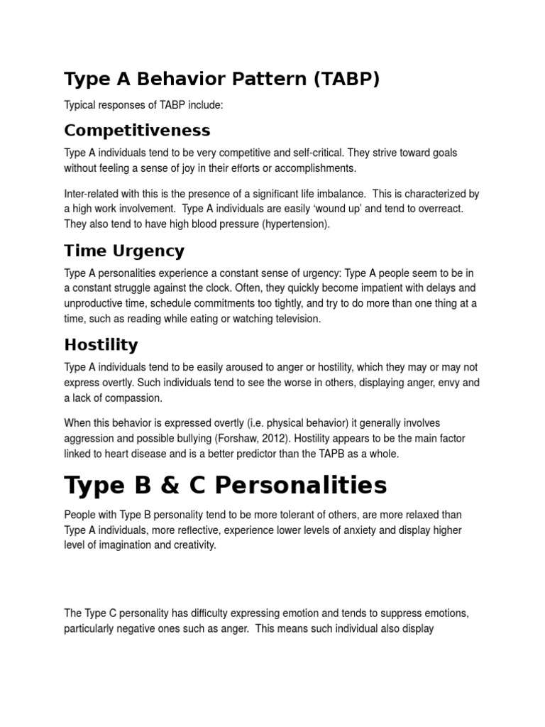 Type B & C Personalities: Type A Behavior Pattern (TABP)