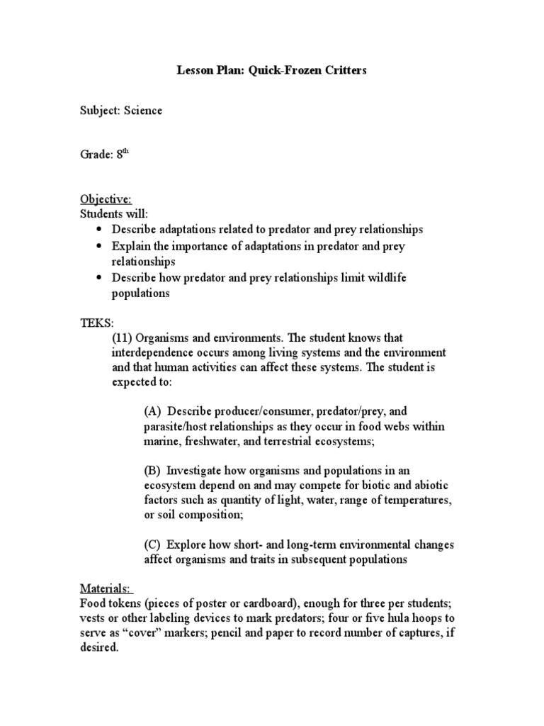 Quick Frozen Critters Lesson Plan | PDF | Predation | Ecosystem
