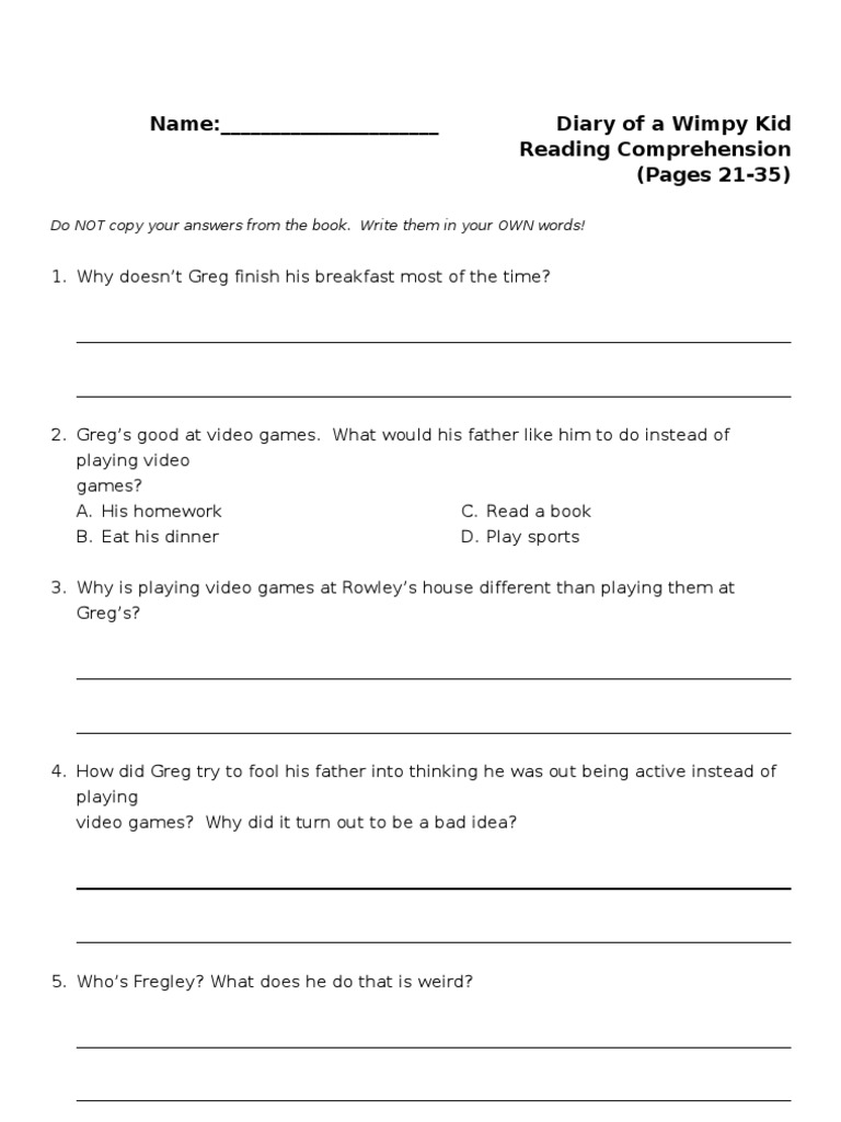 Diary of A Wimpy Kid (Book 1) ReadComp p.21-35 | PDF
