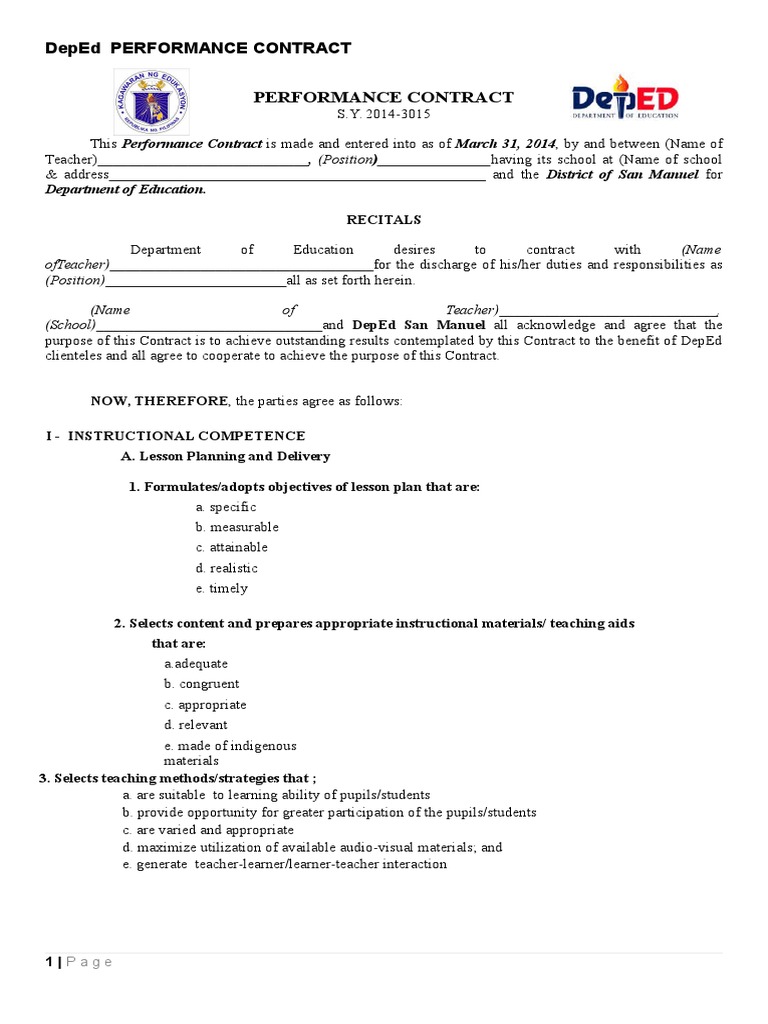 Deped Performance Contract Template | PDF | Educational Assessment ...